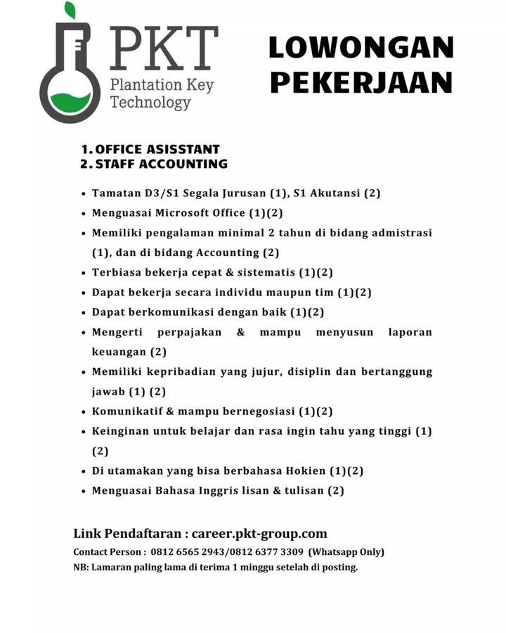 Lowongan Kerja Medan Office Assistant dan Staff Accounting PTK ...